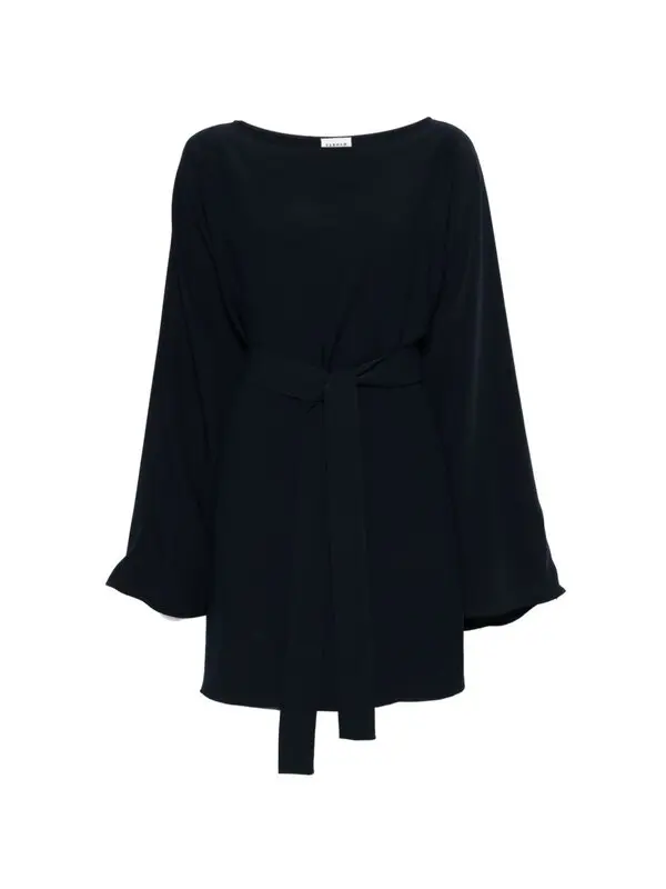 PAROSH Short Dress With Belted Waist And Boat Neck