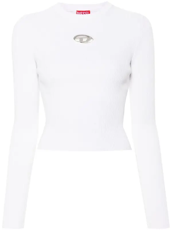 DIESEL® Ribbed Cropped Top With Oval D Logo Plaque - White