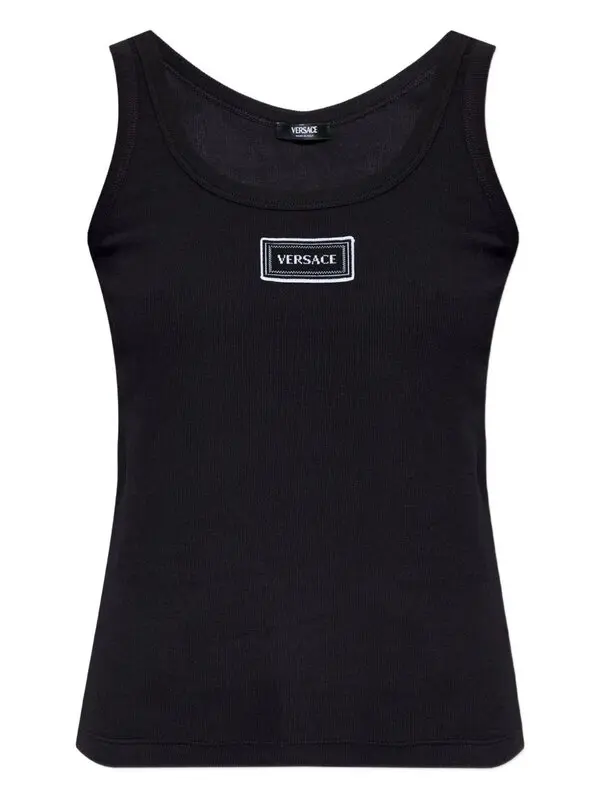 Versace Logo Ribbed Cotton Tank Top - Black