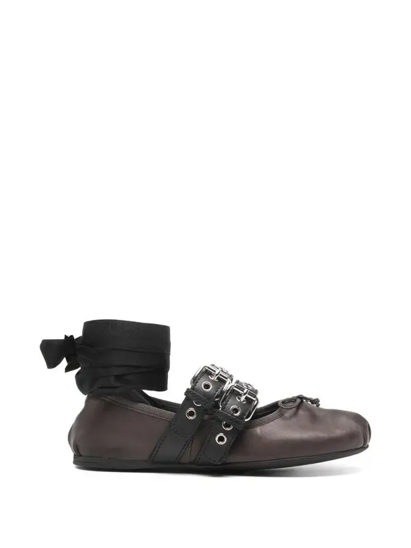 Miu Miu Leather Ballet Flats With Buckled Straps And Ribbon Detail