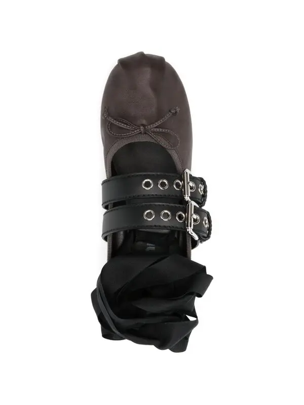 Miu Miu Leather Ballet Flats With Buckled Straps And Ribbon Detail