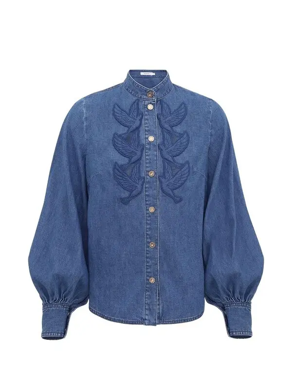 Zimmermann Denim Cotton Shirt With Mandarin Collar And Embroidered Detailing
