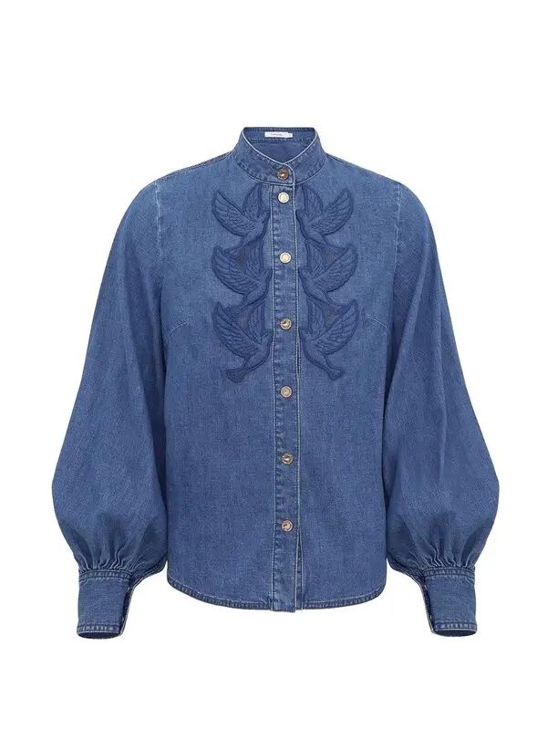 Zimmermann Denim Cotton Shirt With Mandarin Collar And Embroidered Detailing