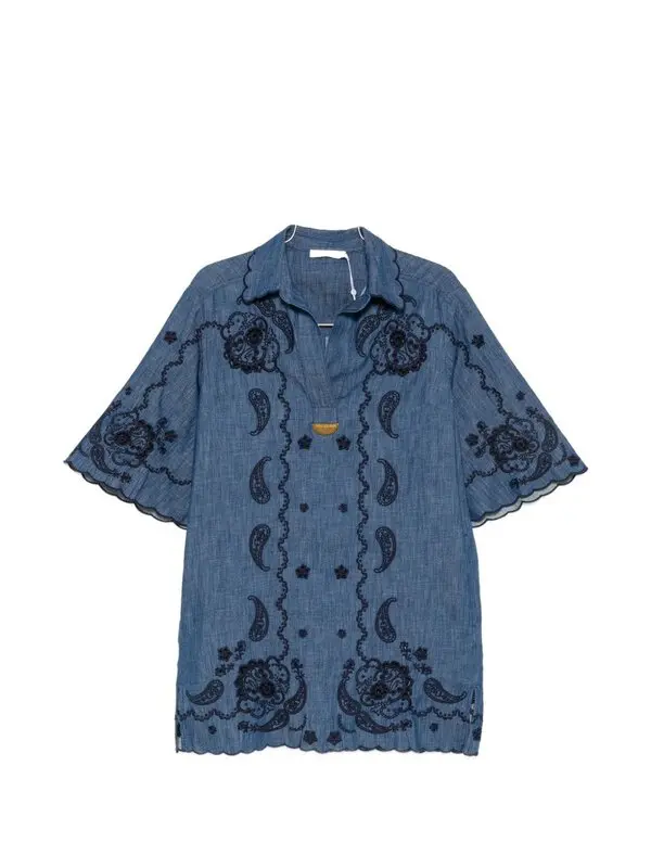 Zimmermann Aster Denim Mini Dress With Scalloped Edge And V-neck
