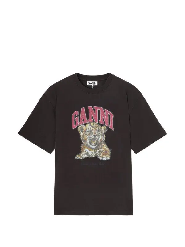 GANNI Printed Cotton T-shirt With Tiger Motif - Black