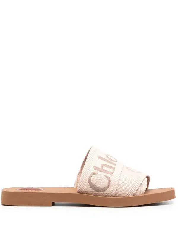 Chloé Woody Linen Flat Sandals - Beige
