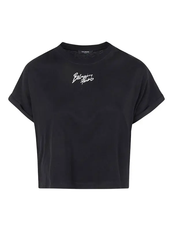 Balmain Logo Cotton Cropped T-shirt - Black