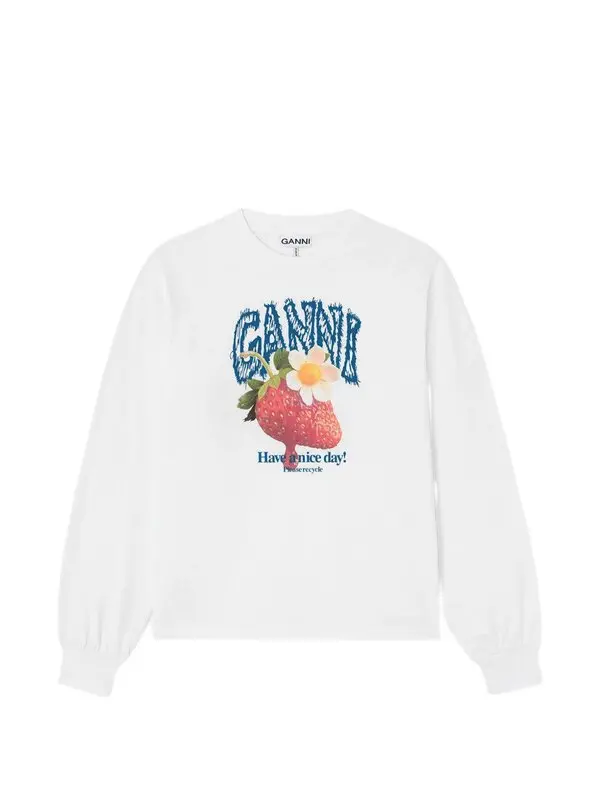 GANNI Printed Cotton Long Sleeve T-shirt - White