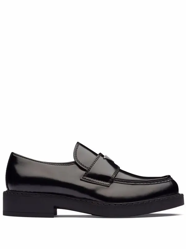 Prada Chocolate Leather Loafers With Enamel Triangle Logo