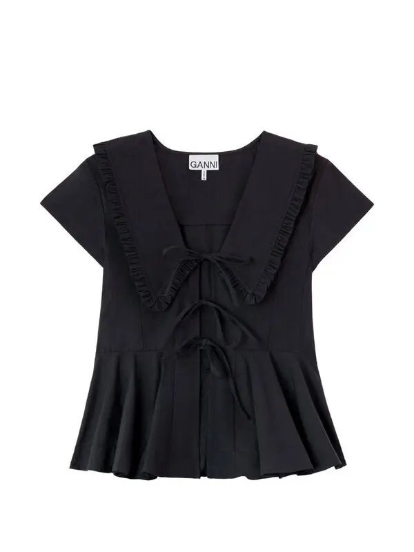 GANNI Organic Cotton Ruffled Collar Top - Black