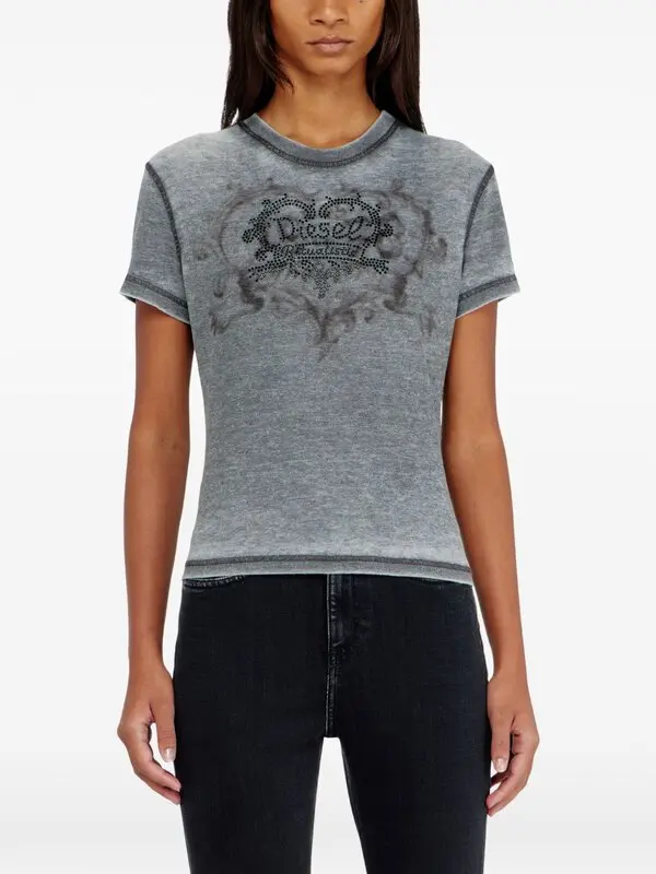 DIESEL® Cotton Blend T-shirt With Rhinestone Embellishments And Sublimation Print - Grey