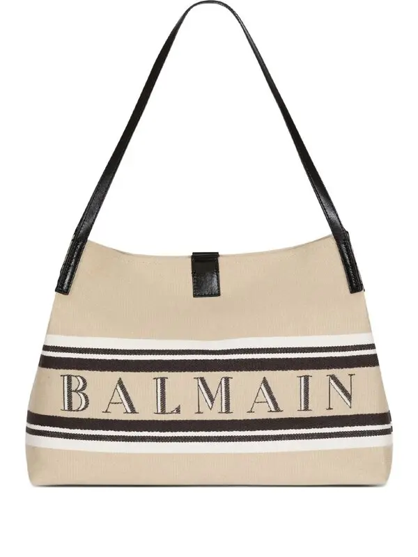 Balmain Canvas And Leather Medium Tote - Beige