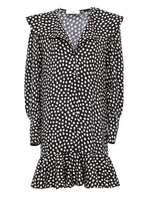 Chloé Polka Dot Ruffled Hem V-neck Dress - Black