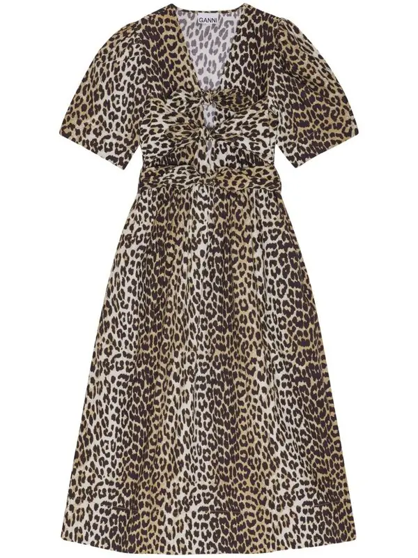 GANNI Leopard Print Organic Cotton Midi Dress - Multi