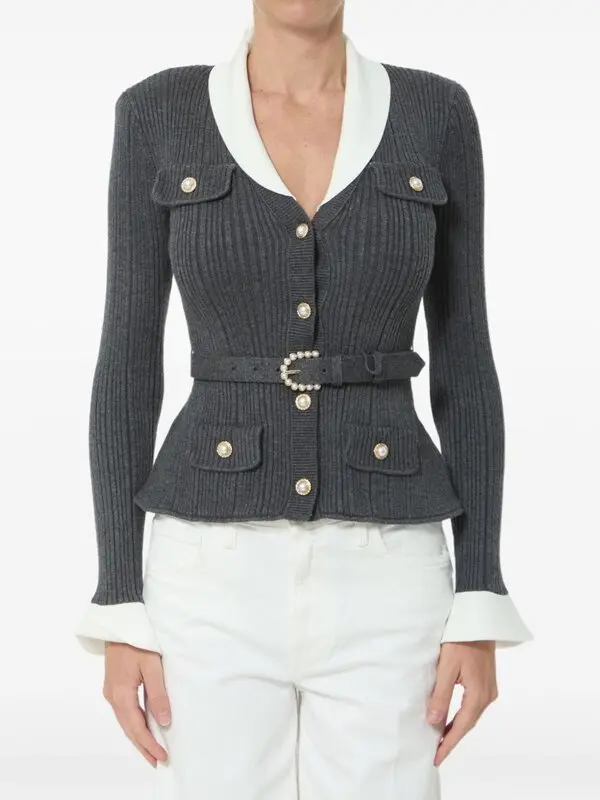 SELF-PORTRAIT Ribbed Belted Cardigan With Shawl Collar
