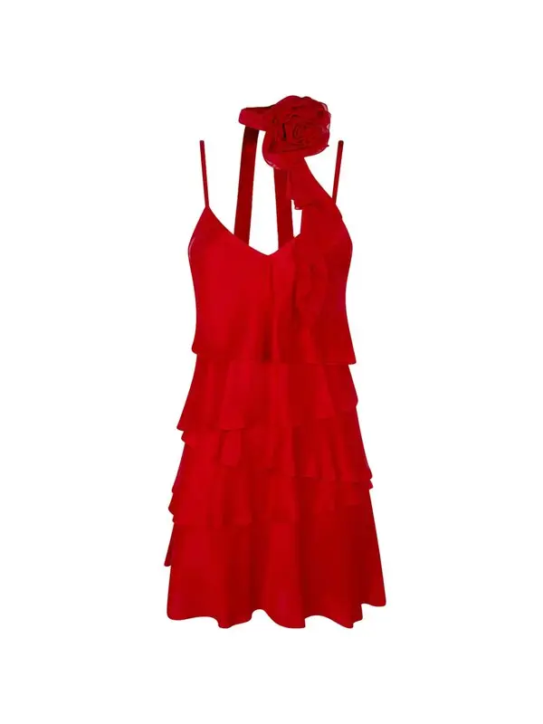 BLUGIRL Satin Tiered Dress With Flower Detail - Red