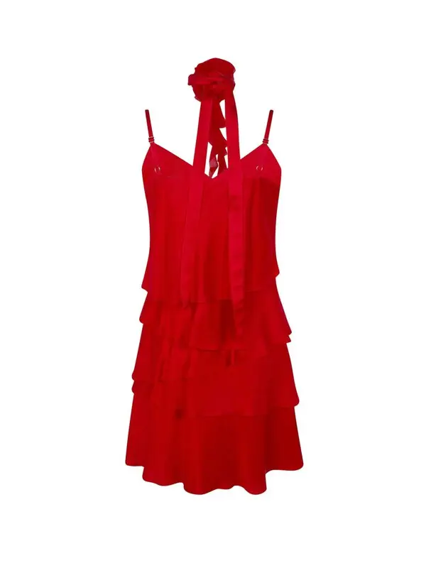 BLUGIRL Satin Tiered Dress With Flower Detail - Red