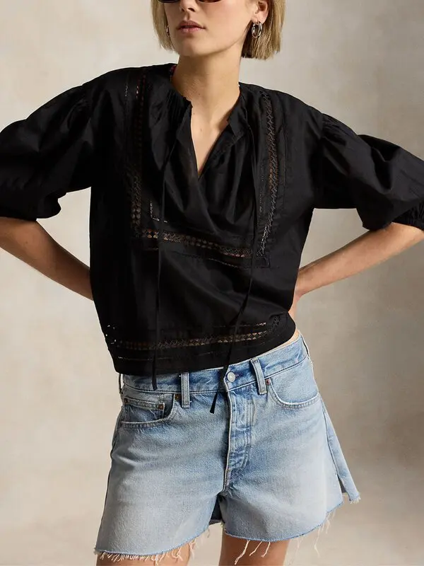 Polo Ralph Lauren Cotton Blouse With Lace Trim - Black