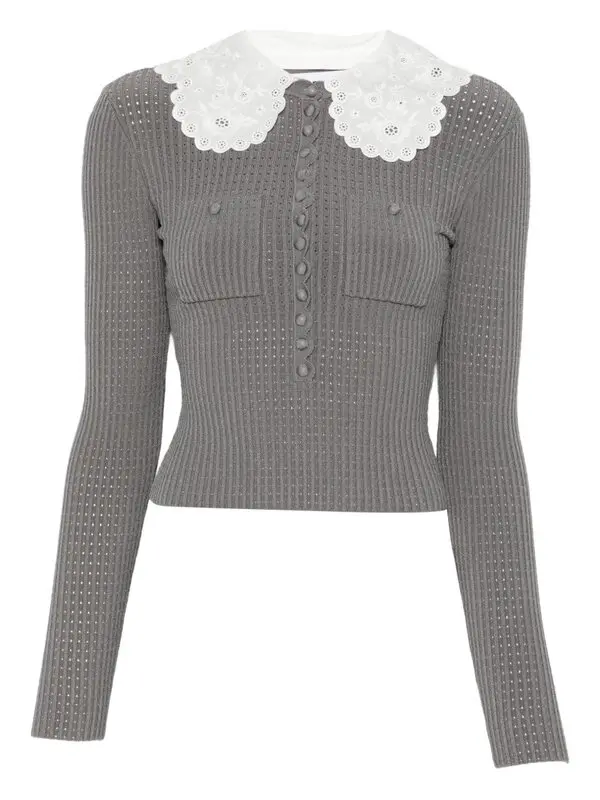 SELF-PORTRAIT Ribbed Knit Sweater With Lace Collar And Button Detail