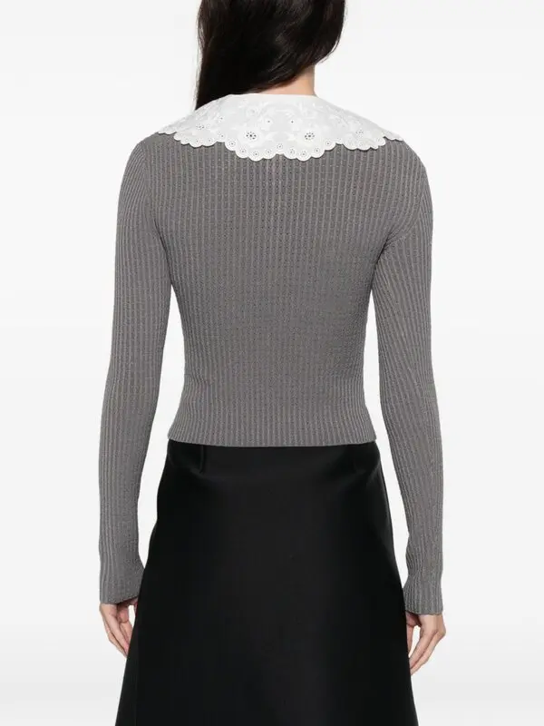 SELF-PORTRAIT Ribbed Knit Sweater With Lace Collar And Button Detail