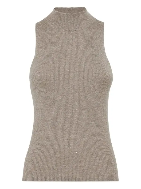 Brunello Cucinelli Ribbed Cashmere Blend High Neck Tank - Brown