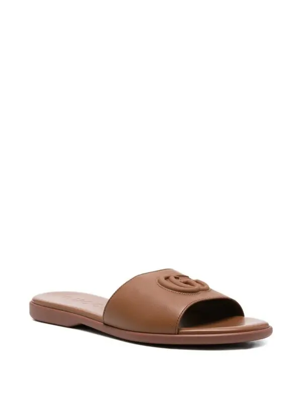 Gucci Double G Leather Flat Sandals - Brown