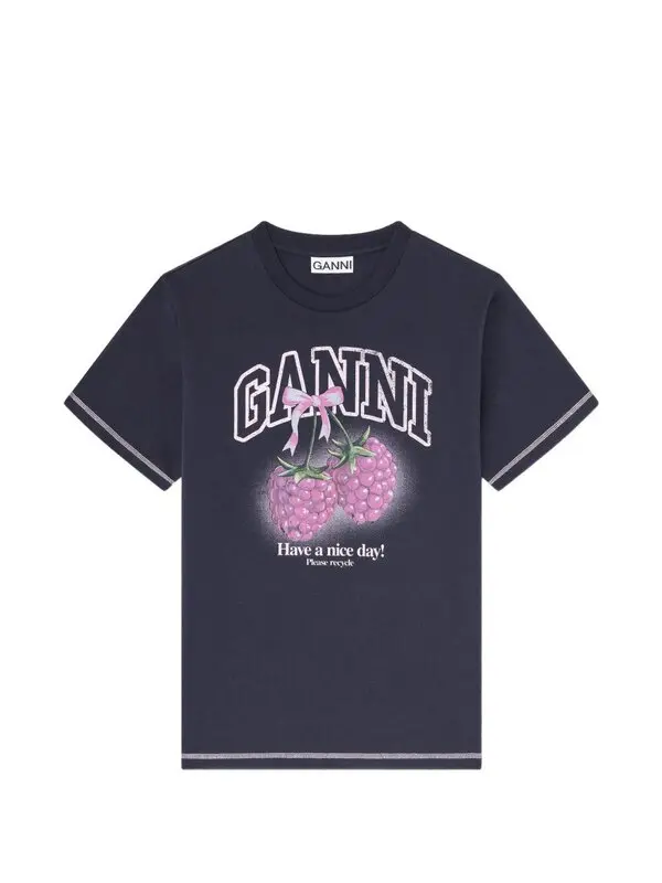 GANNI Raspberry Graphic Print Cotton T-shirt - Black