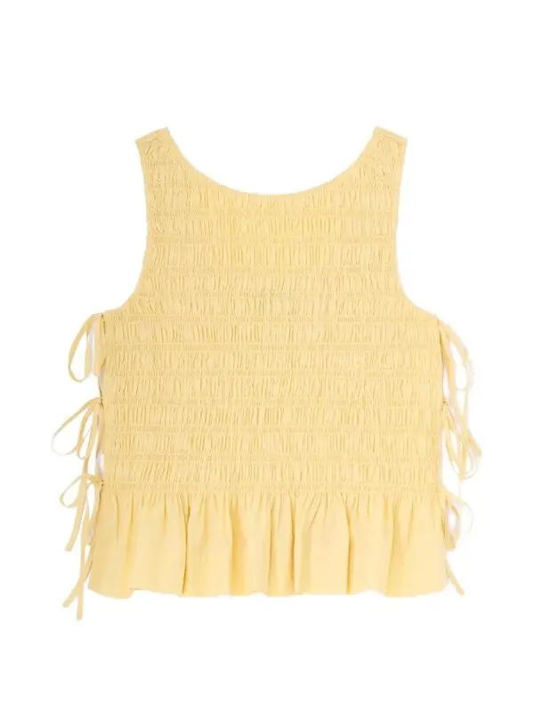 GANNI Smocked Cotton Top With Ruffled Cap Sleeves - Beige