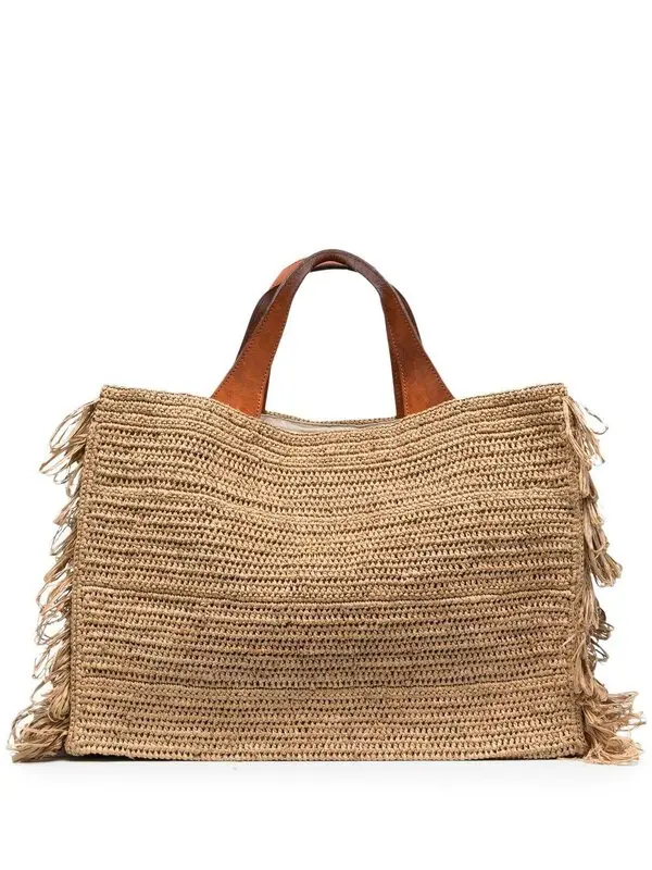 IBELIV Onja Raffia Tote Handbag With Fringe Detailing - Beige
