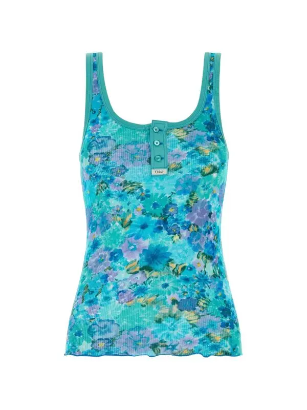 Chloé Ribbed Floral Print Scoop Neck Tank