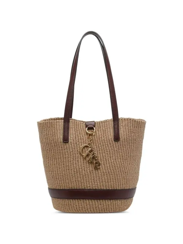 Chloé Raffia Basket Bag With Gold Tone Logo Charm - Beige