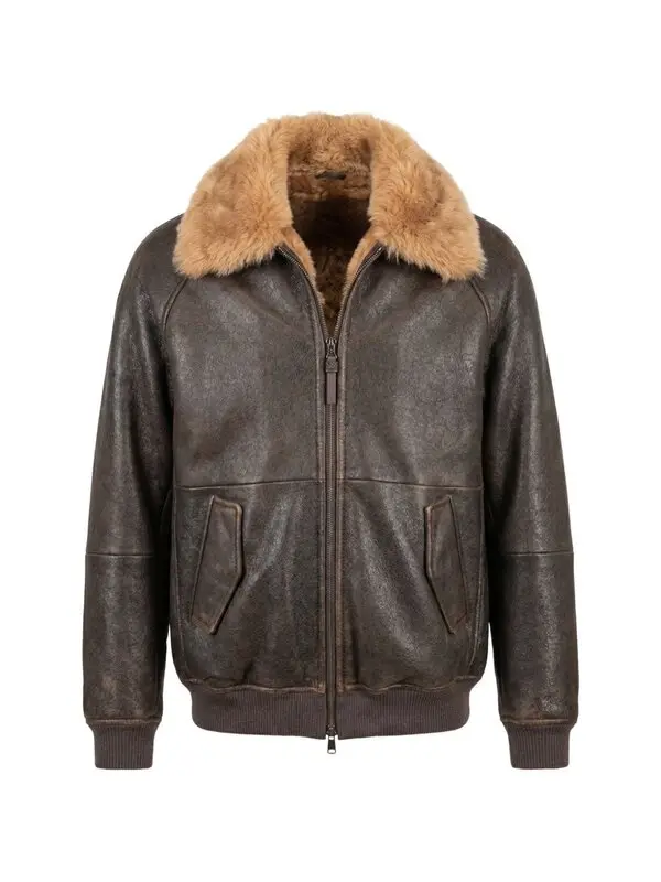 Brunello Cucinelli Leather Bomber Jacket With Fur Collar