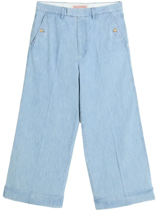 Valentino Garavani Light Wash Cotton Cuffed Wide Leg Jeans