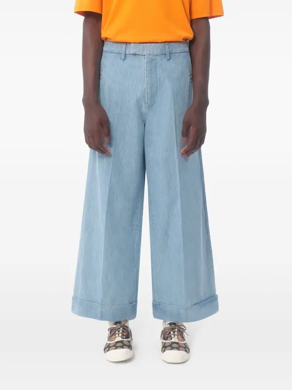 Valentino Garavani Light Wash Cotton Cuffed Wide Leg Jeans