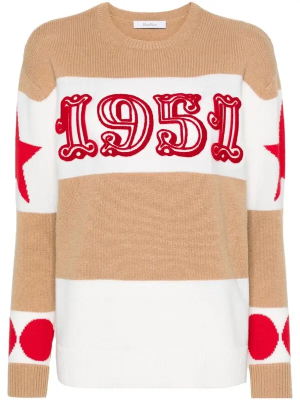Max Mara Wool And Cashmere Blend Jumper With Intarsia Knit 1951 Motif - Beige