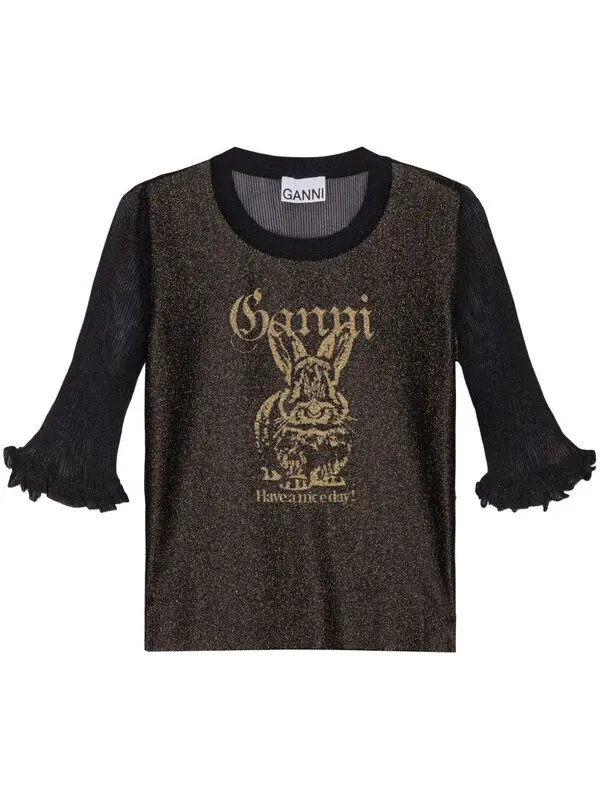 GANNI Bunny Crewneck Top With Ruffle Cuffs