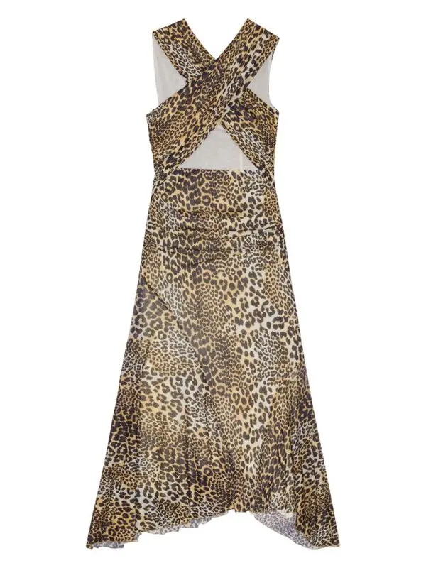 GANNI Leopard Print Asymmetrical V-neck Midi Dress