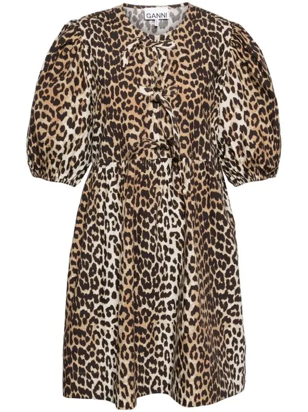 GANNI Organic Cotton Leopard Print Puff Sleeve Mini Dress - Multi