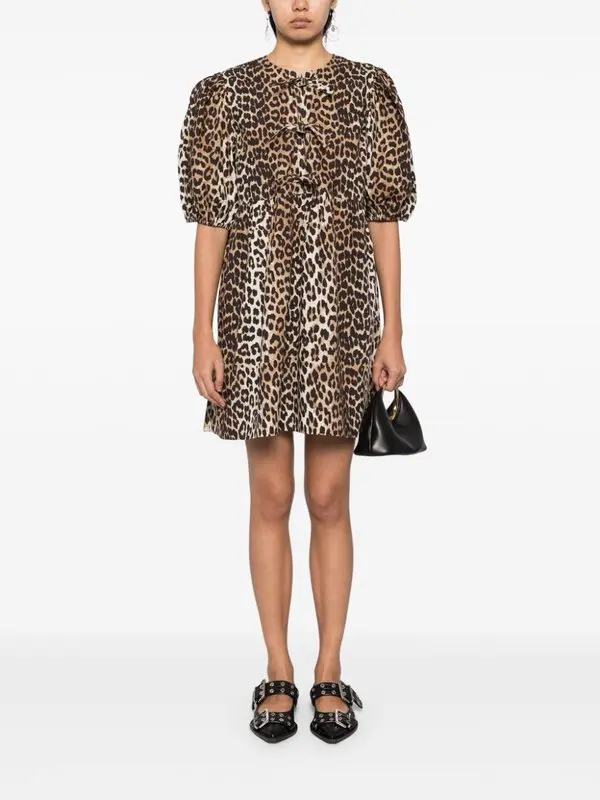 GANNI Organic Cotton Leopard Print Puff Sleeve Mini Dress - Multi