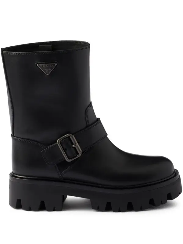 Prada Leather Buckled Boots - Black