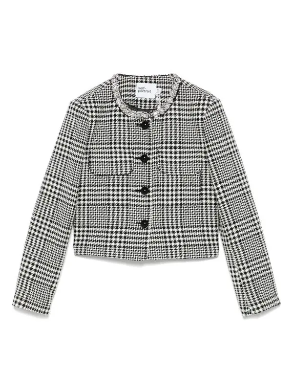 SELF-PORTRAIT Wool Blend Checked Jacket With Crystal Embellishments