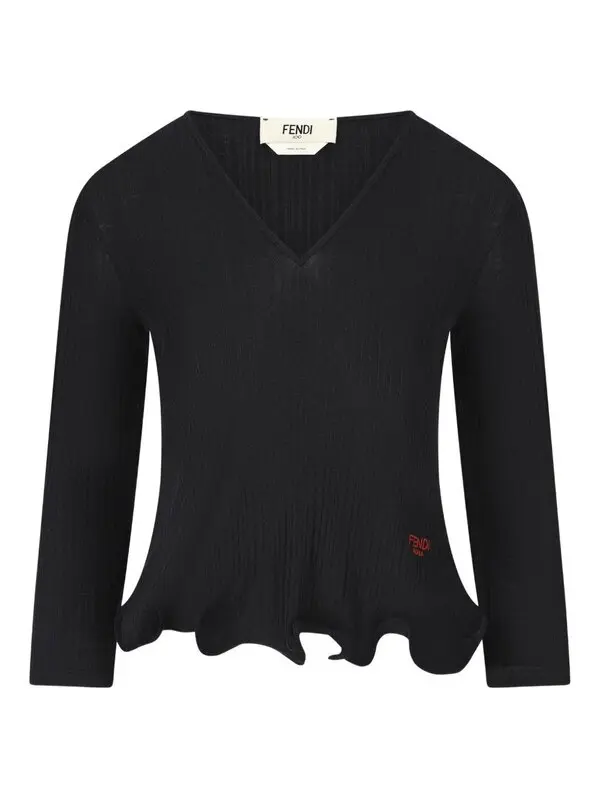 Fendi Wool V-neck Sweater With Scalloped Hem