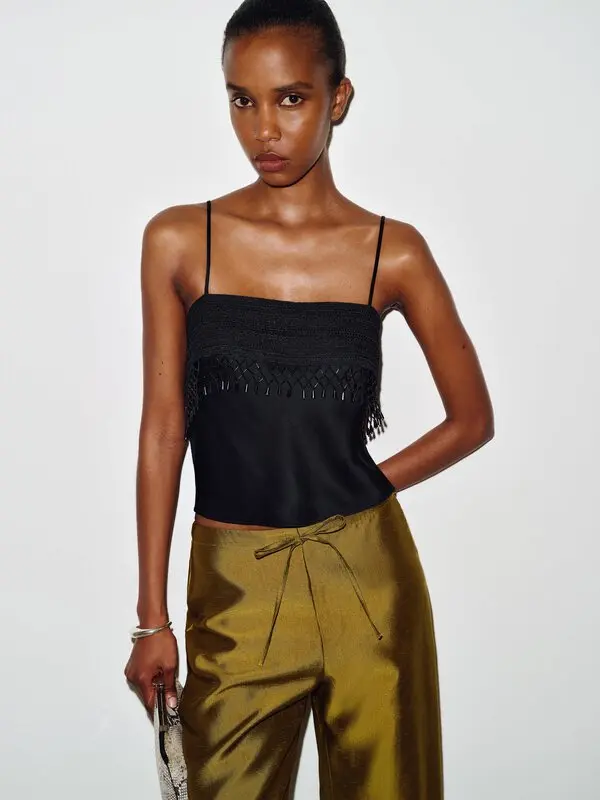 REFORMATION Sleeveless Straight Neckline Top With Fringe Detailing
