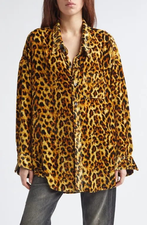 R13 Leopard Print Drop Neck Velvet Button-up Shirt - Light Brown Leopard