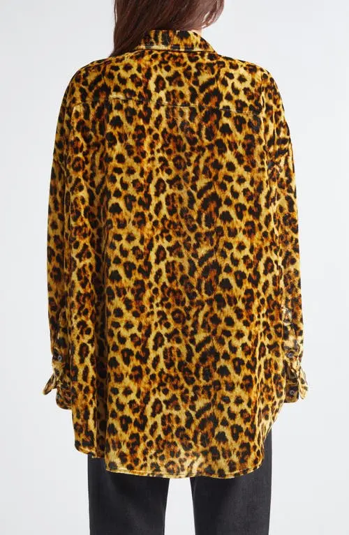 R13 Leopard Print Drop Neck Velvet Button-up Shirt