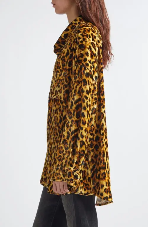 R13 Leopard Print Drop Neck Velvet Button-up Shirt