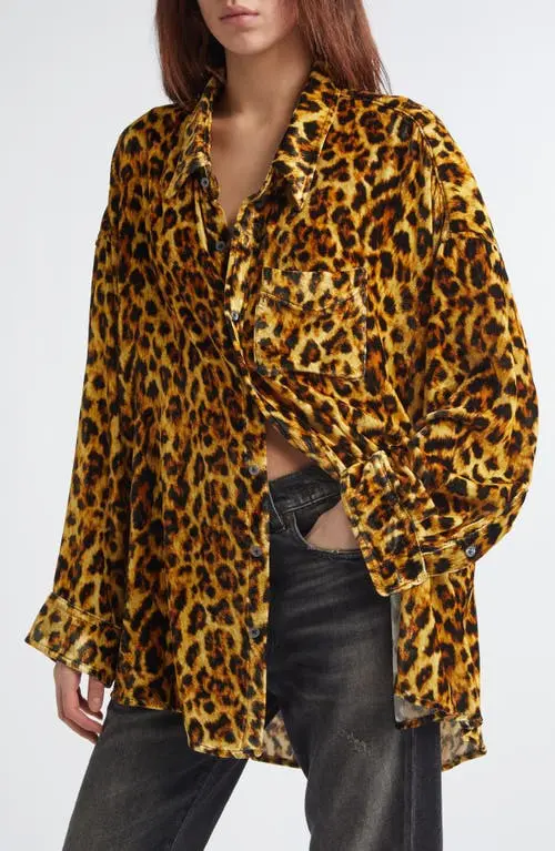 R13 Leopard Print Drop Neck Velvet Button-up Shirt