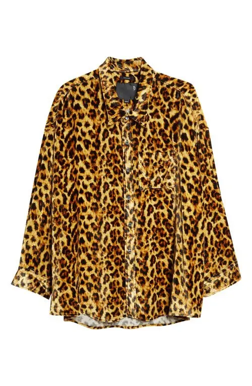 R13 Leopard Print Drop Neck Velvet Button-up Shirt
