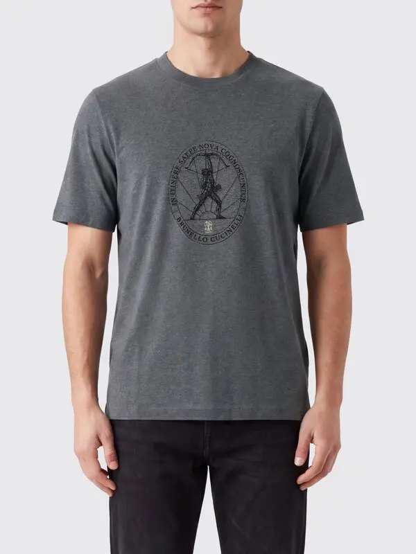 Brunello Cucinelli Graphic Logo Print Cotton Crewneck T-shirt - Lead