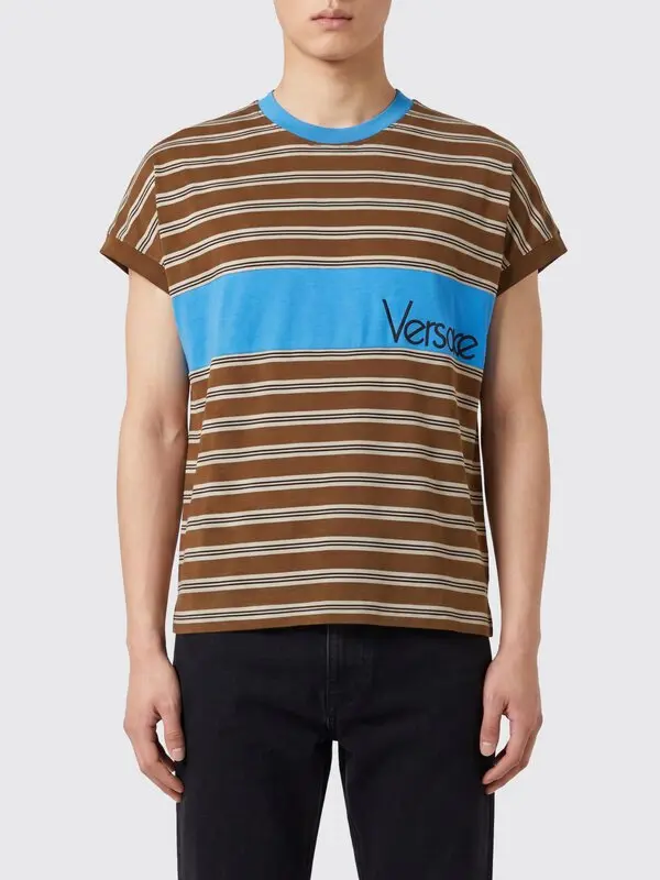 Versace Striped Cotton T-shirt With Crew Neck And Contrast Trims - Hazel